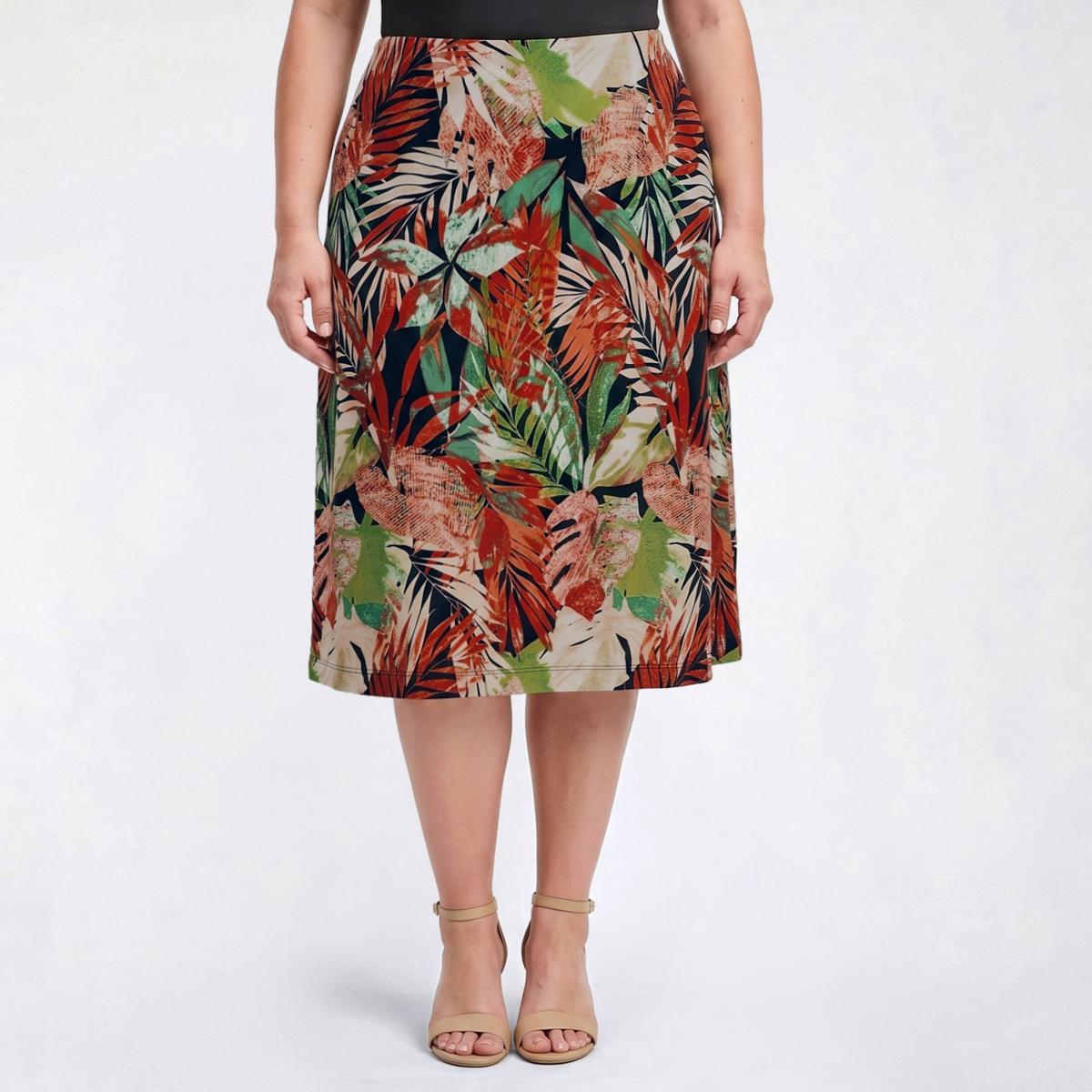 Click here for Plus Size Kasper Pull On Tropical Leaf Midi Skirt prices